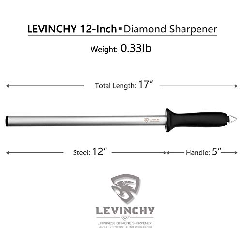 LEVINCHY Diamond Knife Sharpening Steel 12 inch, Professional Diamond coating Honing Steel, Premium Diamond Knife Sharpener Rod for all knives, Lightweight & Durable