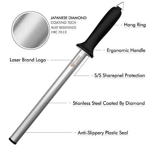 LEVINCHY Diamond Knife Sharpening Steel 12 inch, Professional Diamond coating Honing Steel, Premium Diamond Knife Sharpener Rod for all knives, Lightweight & Durable