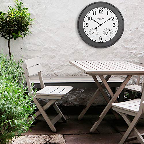 Presentime & Co. 20" Bradford in/Outdoor Farmhouse Clock with Weather Thermometer & Hygrometer, Weather Station, Farmhouse Wall Art and Timepiece for Farmhouse Decoration, Faux Gray Stone Finish