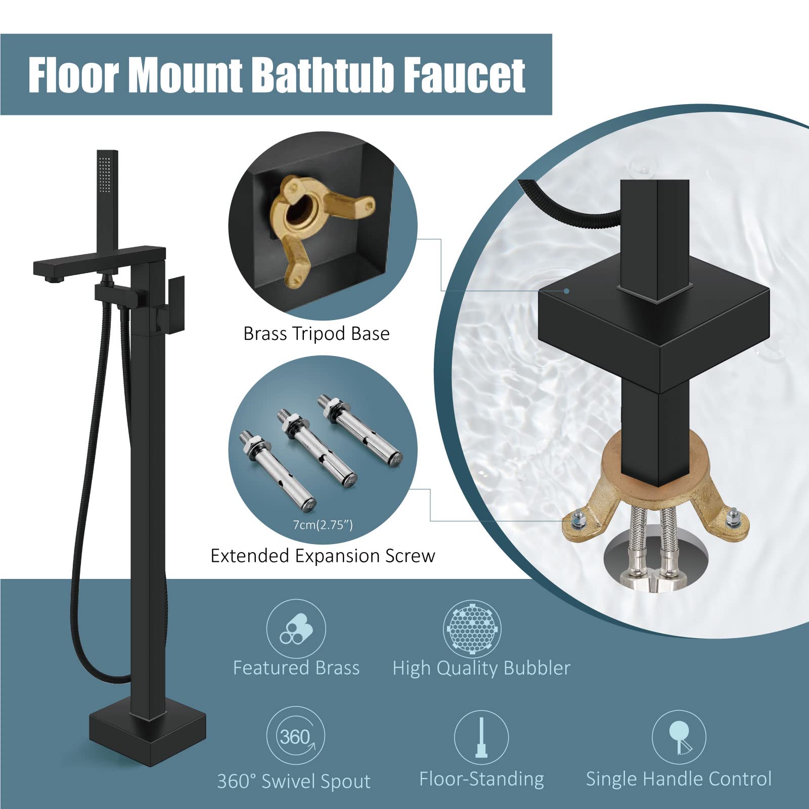 Aolemi Matte Black Freestanding Bathtub Faucet Floor Mount Tub Filler Single Handle Brass Tap with Hand Shower and Swivel Spout