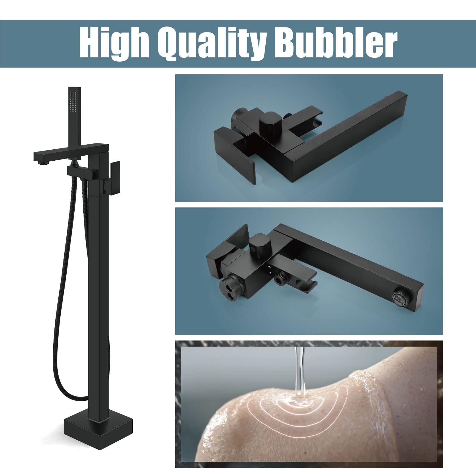 Aolemi Matte Black Freestanding Bathtub Faucet Floor Mount Tub Filler Single Handle Brass Tap with Hand Shower and Swivel Spout