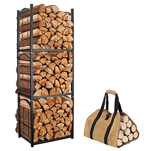 TQVAI 3 Tier Indoor Firewood Rack Outdoor Log Storage with Fire Tools Hanging Hooks and Waxed Canvas Fire Wood Carrier Bag Stacking Fireside Lumber Holder, Black