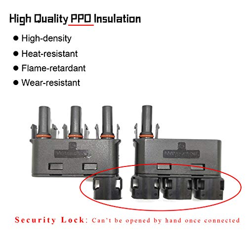 Slocable T Y Branch Connector IP68 Waterproof 1000V 1500V Solid Copper Terminal in PV Solar Series or Parallel Circuits 1 Pairs (3to1 Branch)