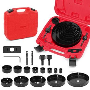 sedy hole saw kit, 19-pieces hole saw set with red case include 13pc 3/4"-6"(19-152mm) saw blades, 2 mandrels, 2 drill bits, 1 installation plate, 1 hex key, ideal for soft wood, plywood, drywall, pvc