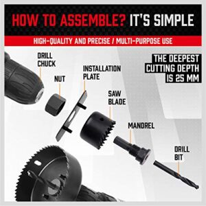 SEDY Hole Saw Kit, 19-Pieces Hole Saw Set with Red Case Include 13pc 3/4"-6"(19-152mm) Saw Blades, 2 Mandrels, 2 Drill Bits, 1 Installation Plate, 1 Hex Key, Ideal for Soft Wood, Plywood, Drywall, PVC