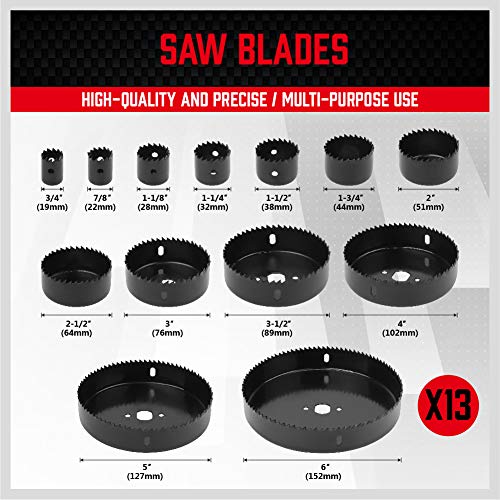 SEDY Hole Saw Kit, 19-Pieces Hole Saw Set with Red Case Include 13pc 3/4"-6"(19-152mm) Saw Blades, 2 Mandrels, 2 Drill Bits, 1 Installation Plate, 1 Hex Key, Ideal for Soft Wood, Plywood, Drywall, PVC