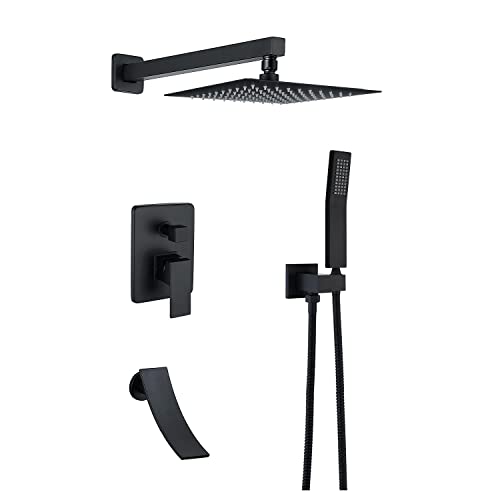 Bathtub Shower System Matte Black Shower Fixtures 10 inch Rain Shower Head and Handle head set with Tub Shower Faucet sets complete