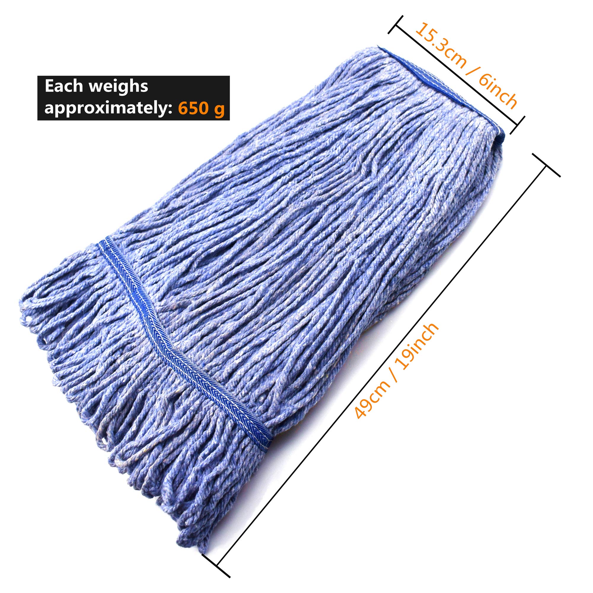 String Mop Heads Replacement Heavy Duty Commercial Grade Blue Cotton Looped End Wet Industrial Cleaning Mop Head Refills (3, Large)