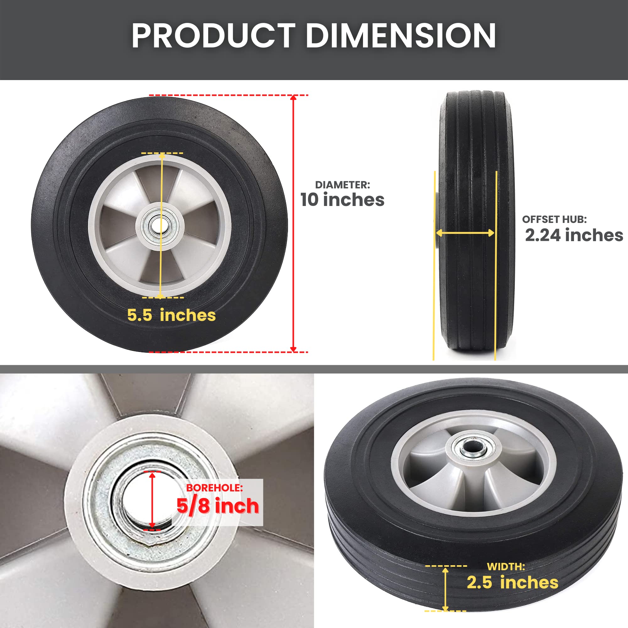 (2-Pack) AR-PRO 10" x 2.5" Flat Free Solid Rubber Tires and Wheel - 10 inch Solid Wheels with 5/8" Axles and 2.25 Offset Hub - Replacement Wheels for Hand Trucks Dolly and Wheelbarrows