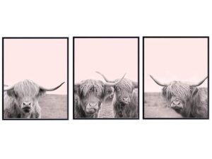 cow wall decor - cow decorations for home, kitchen, bathroom, bedroom, living room, apartment, office - highland cow gift for women - cute unique boho cow wall art - 8x10 pink photo picture set