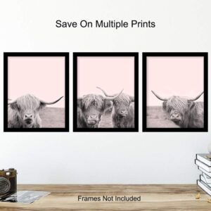 Cow Wall Decor - Cow Decorations for Home, Kitchen, Bathroom, Bedroom, Living Room, Apartment, Office - Highland Cow Gift for Women - Cute Unique Boho Cow Wall Art - 8x10 Pink Photo Picture Set