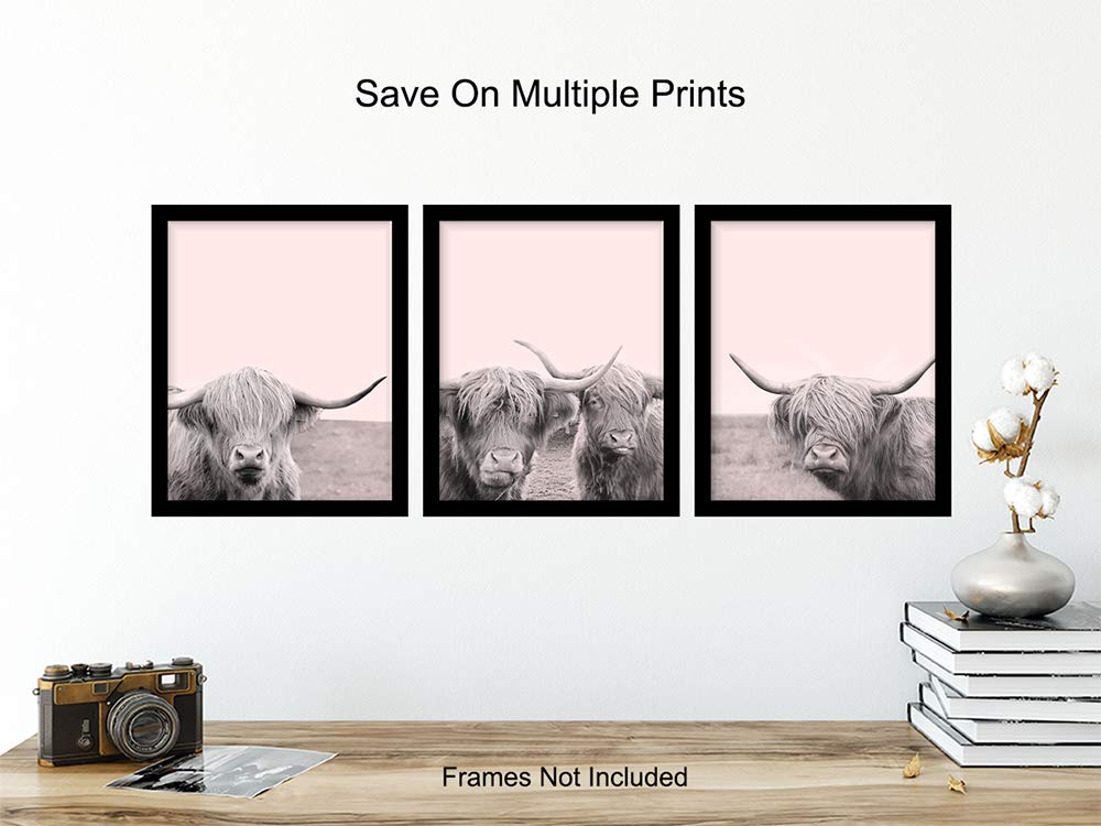 Cow Wall Decor - Cow Decorations for Home, Kitchen, Bathroom, Bedroom, Living Room, Apartment, Office - Highland Cow Gift for Women - Cute Unique Boho Cow Wall Art - 8x10 Pink Photo Picture Set