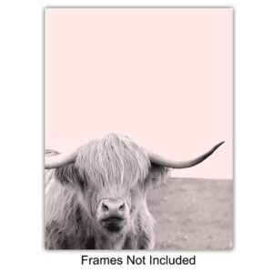 Cow Wall Decor - Cow Decorations for Home, Kitchen, Bathroom, Bedroom, Living Room, Apartment, Office - Highland Cow Gift for Women - Cute Unique Boho Cow Wall Art - 8x10 Pink Photo Picture Set