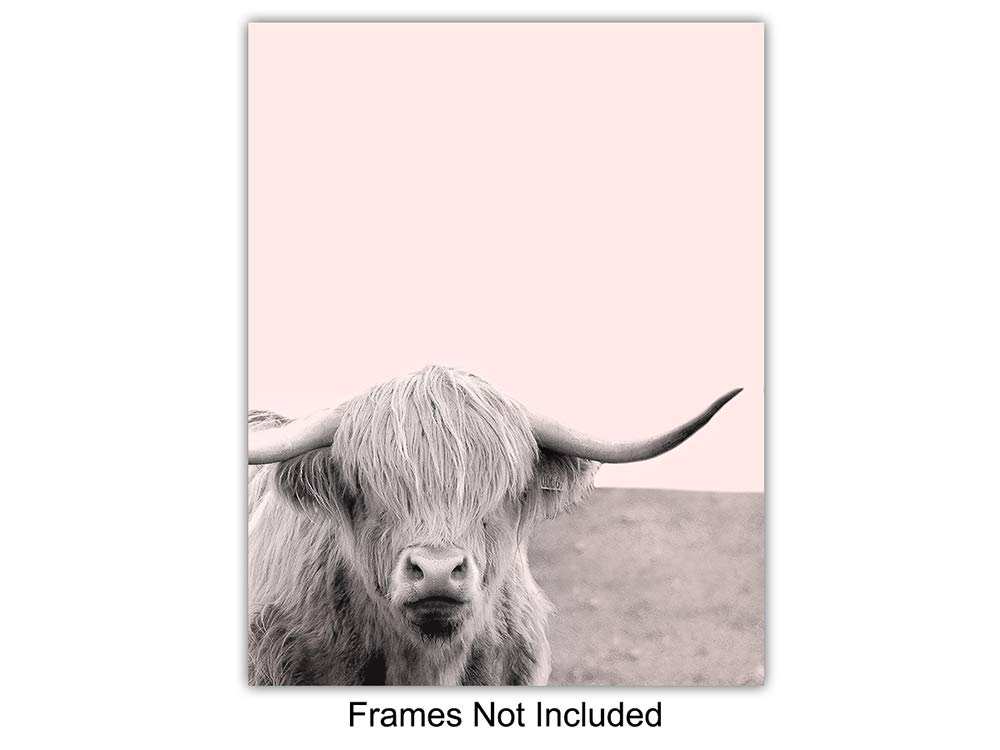 Cow Wall Decor - Cow Decorations for Home, Kitchen, Bathroom, Bedroom, Living Room, Apartment, Office - Highland Cow Gift for Women - Cute Unique Boho Cow Wall Art - 8x10 Pink Photo Picture Set