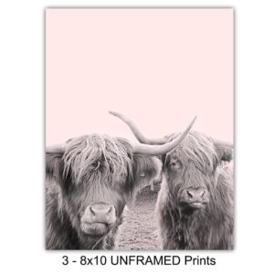 Cow Wall Decor - Cow Decorations for Home, Kitchen, Bathroom, Bedroom, Living Room, Apartment, Office - Highland Cow Gift for Women - Cute Unique Boho Cow Wall Art - 8x10 Pink Photo Picture Set