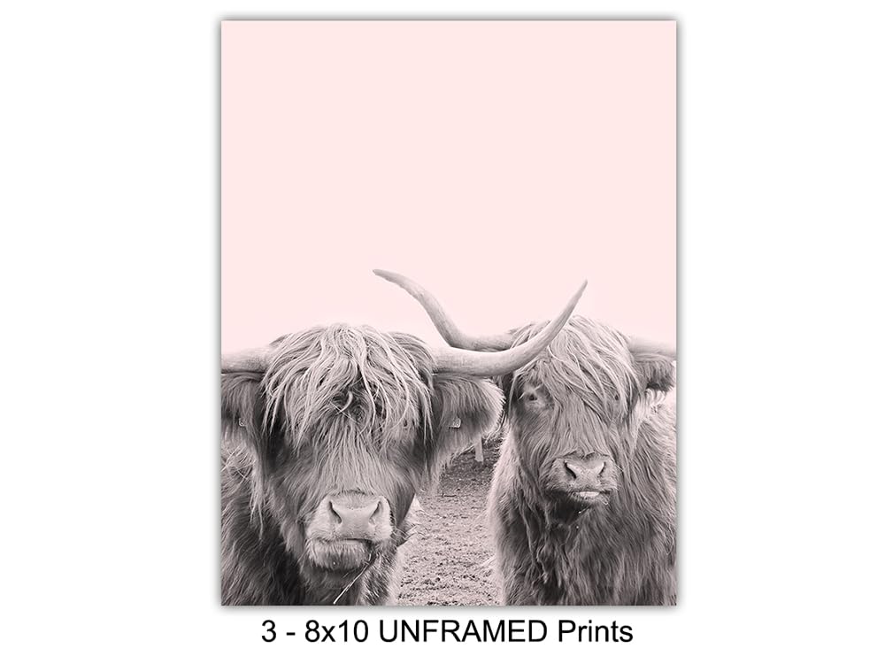 Cow Wall Decor - Cow Decorations for Home, Kitchen, Bathroom, Bedroom, Living Room, Apartment, Office - Highland Cow Gift for Women - Cute Unique Boho Cow Wall Art - 8x10 Pink Photo Picture Set