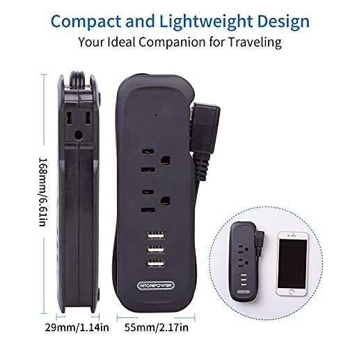 NTONPOWER Travel Power Strip with USB Bundle, 3 Outlet Flat Plug Power Strip and 2 Outlet Small Power Strip Extension Cord, Compact Charging Station for Cruise Ship, Nightstand, Home and Office, Black