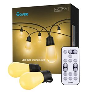 govee outdoor string lights, 48ft ip65 waterproof shatterproof christmas lights with 15 dimmable warm yellow led bulbs, remote control holiday lights for balcony, backyard, party