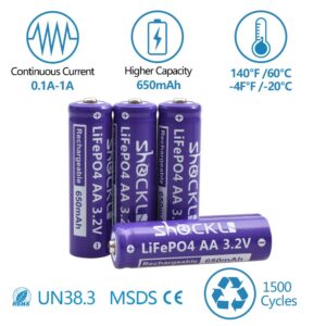 funkawa (2- Pack) Shockli AA 3.2 Volts LiFePo4 650mAh Rechargeable Battery, Lithium Iron Phosphate 3.2V Solar Batteries - Ideal for Solar Garden Light