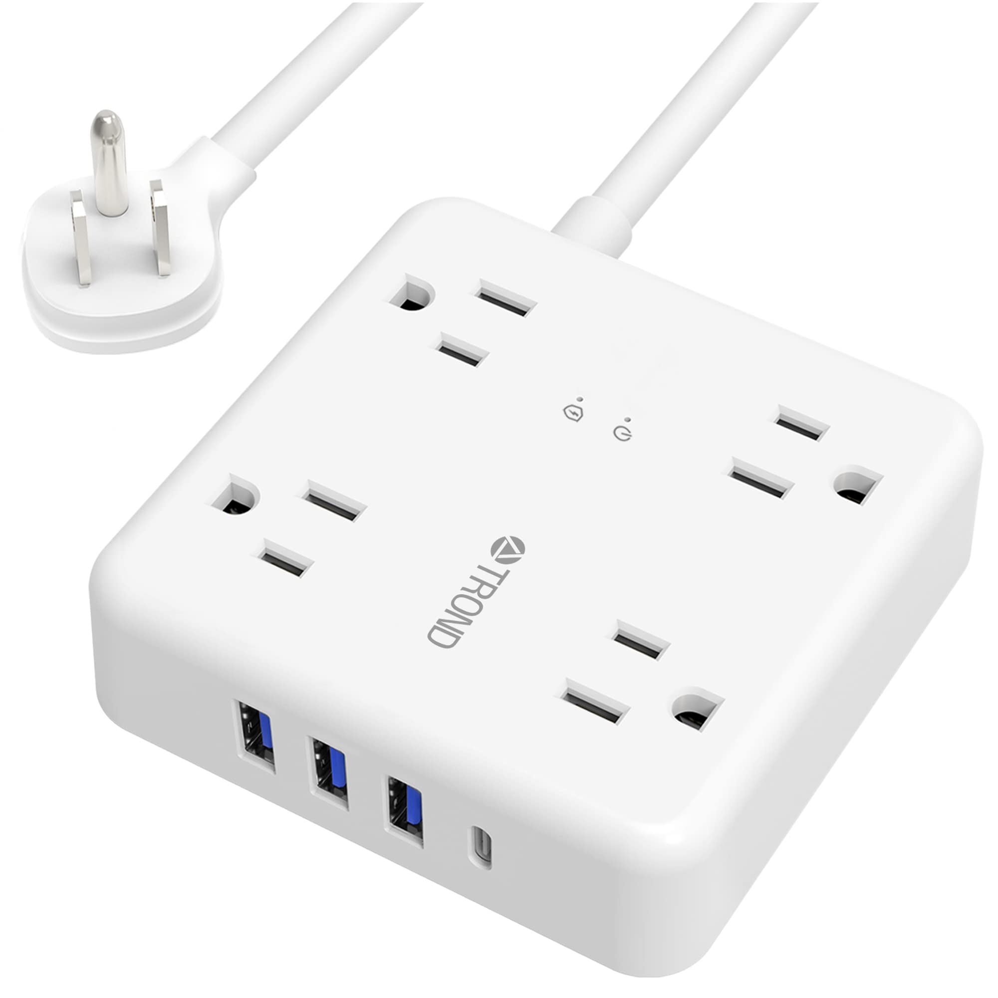 TROND Power Strip Surge Protector - Ultra Thin Flat Plug 5ft Extension Cord with 4 USB Ports(1 USB C Charger), 4 Widely-Spaced Outlets, Compact & Small, 1440J, Wall Mount for Home Office Dorm, White