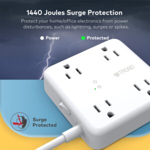 TROND Power Strip Surge Protector - Ultra Thin Flat Plug 5ft Extension Cord with 4 USB Ports(1 USB C Charger), 4 Widely-Spaced Outlets, Compact & Small, 1440J, Wall Mount for Home Office Dorm, White