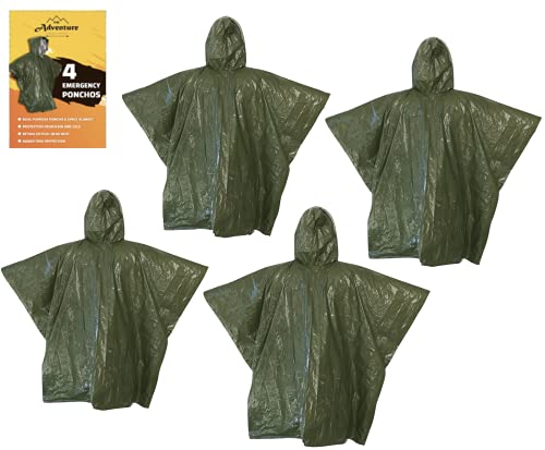 Emergency Blanket & Rain Poncho - 4 Pack, Mylar Thermal Survival Gear for Heat Retention - Lightweight - Army Green - Adventure Supply Co.