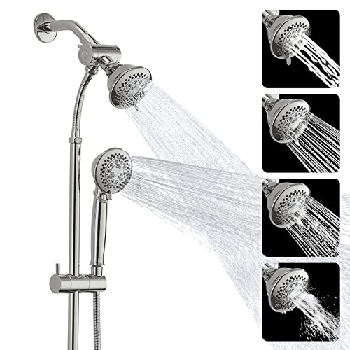 High Pressure Shower Heads with handheld Combo Brushed Nickel HOMELODY Dual Shower Head 5-Setting 4” Showerheads & Handheld Showers with 304 Stainless Steel Shower Slide Bar and 60” Shower Hose