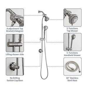 High Pressure Shower Heads with handheld Combo Brushed Nickel HOMELODY Dual Shower Head 5-Setting 4” Showerheads & Handheld Showers with 304 Stainless Steel Shower Slide Bar and 60” Shower Hose