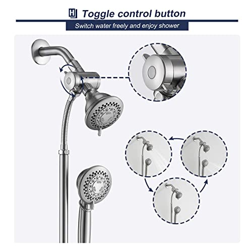 High Pressure Shower Heads with handheld Combo Brushed Nickel HOMELODY Dual Shower Head 5-Setting 4” Showerheads & Handheld Showers with 304 Stainless Steel Shower Slide Bar and 60” Shower Hose