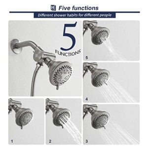 High Pressure Shower Heads with handheld Combo Brushed Nickel HOMELODY Dual Shower Head 5-Setting 4” Showerheads & Handheld Showers with 304 Stainless Steel Shower Slide Bar and 60” Shower Hose