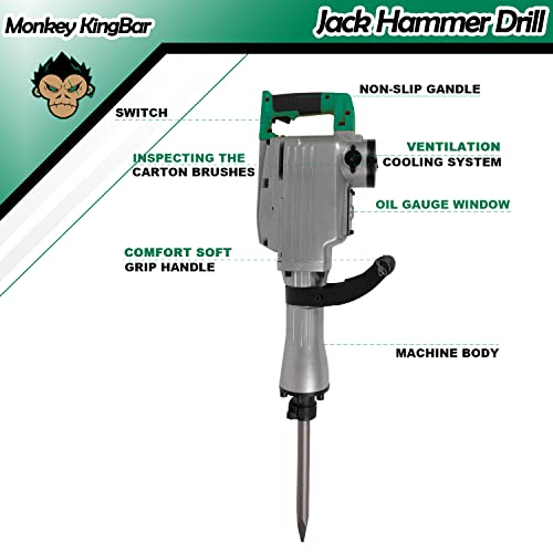 Monkey King Bar- 110v 1520W Heavy Duty Electric Demolition Jack Hammer Concrete Breaker MKB-65A- Chisel & Point Chisel Bit Hand Gloves w/Case