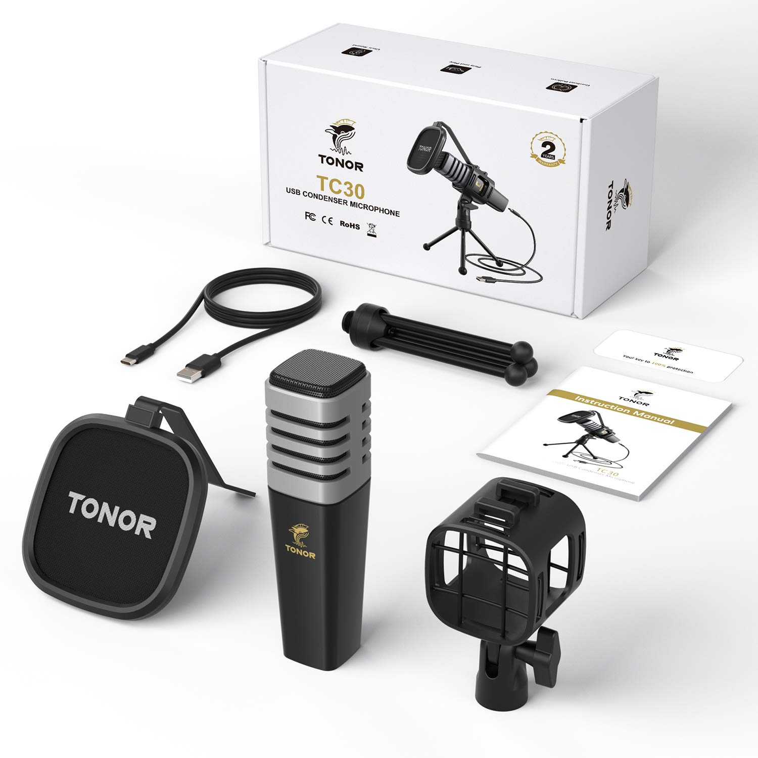 TONOR USB Microphone, Cardioid Condenser Mic with Tripod Stand, Pop Filter, Shock Mount, Compatible with Windows, MacOS, Linux, Ideal for Gaming, Streaming, Podcasting, YouTube, Voice Over, Twitch