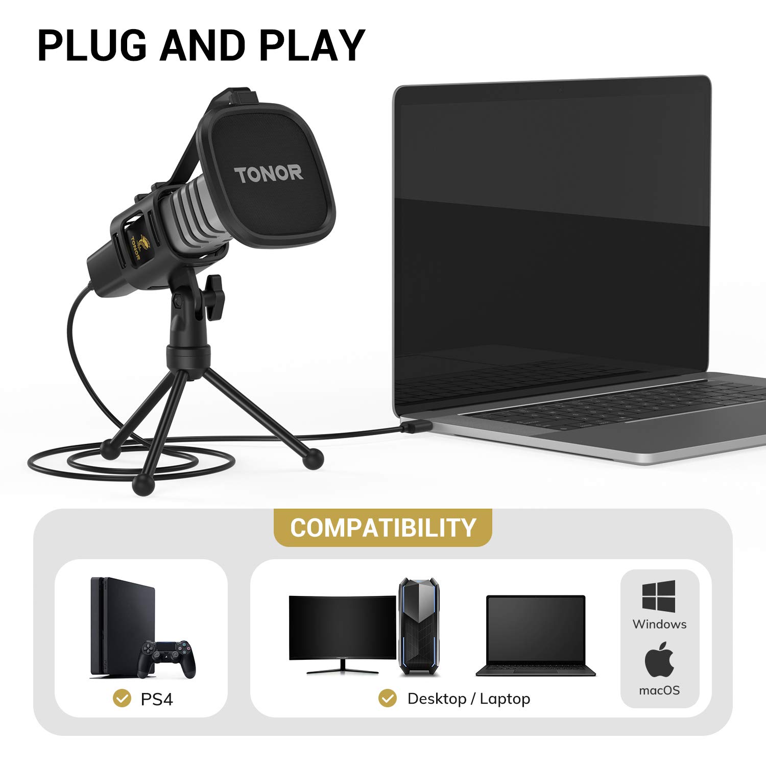 TONOR USB Microphone, Cardioid Condenser Mic with Tripod Stand, Pop Filter, Shock Mount, Compatible with Windows, MacOS, Linux, Ideal for Gaming, Streaming, Podcasting, YouTube, Voice Over, Twitch