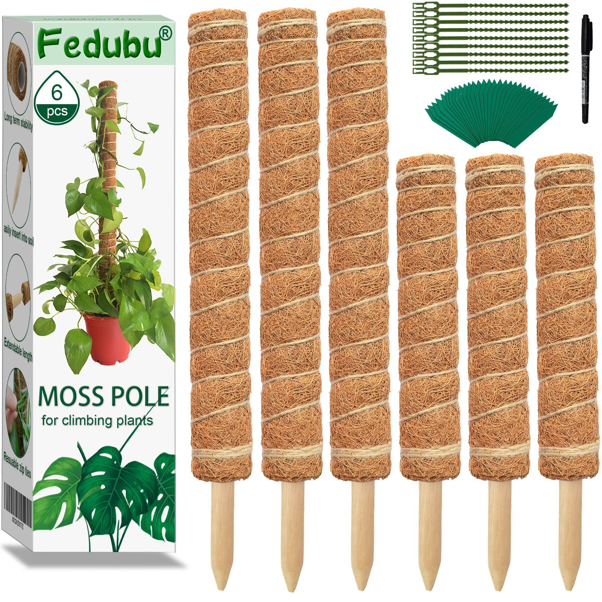 6 Pcs Moss Pole Plant Support 15.7 Inch and 12 Inch, Coir Moss Poles for Climbing Plants Indoor, Coco Totem Stick Extension for Potted Plants, Monstera, Creepers to Grow Upwards