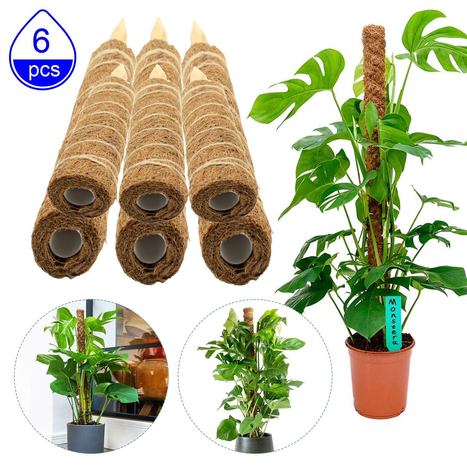 6 Pcs Moss Pole Plant Support 15.7 Inch and 12 Inch, Coir Moss Poles for Climbing Plants Indoor, Coco Totem Stick Extension for Potted Plants, Monstera, Creepers to Grow Upwards