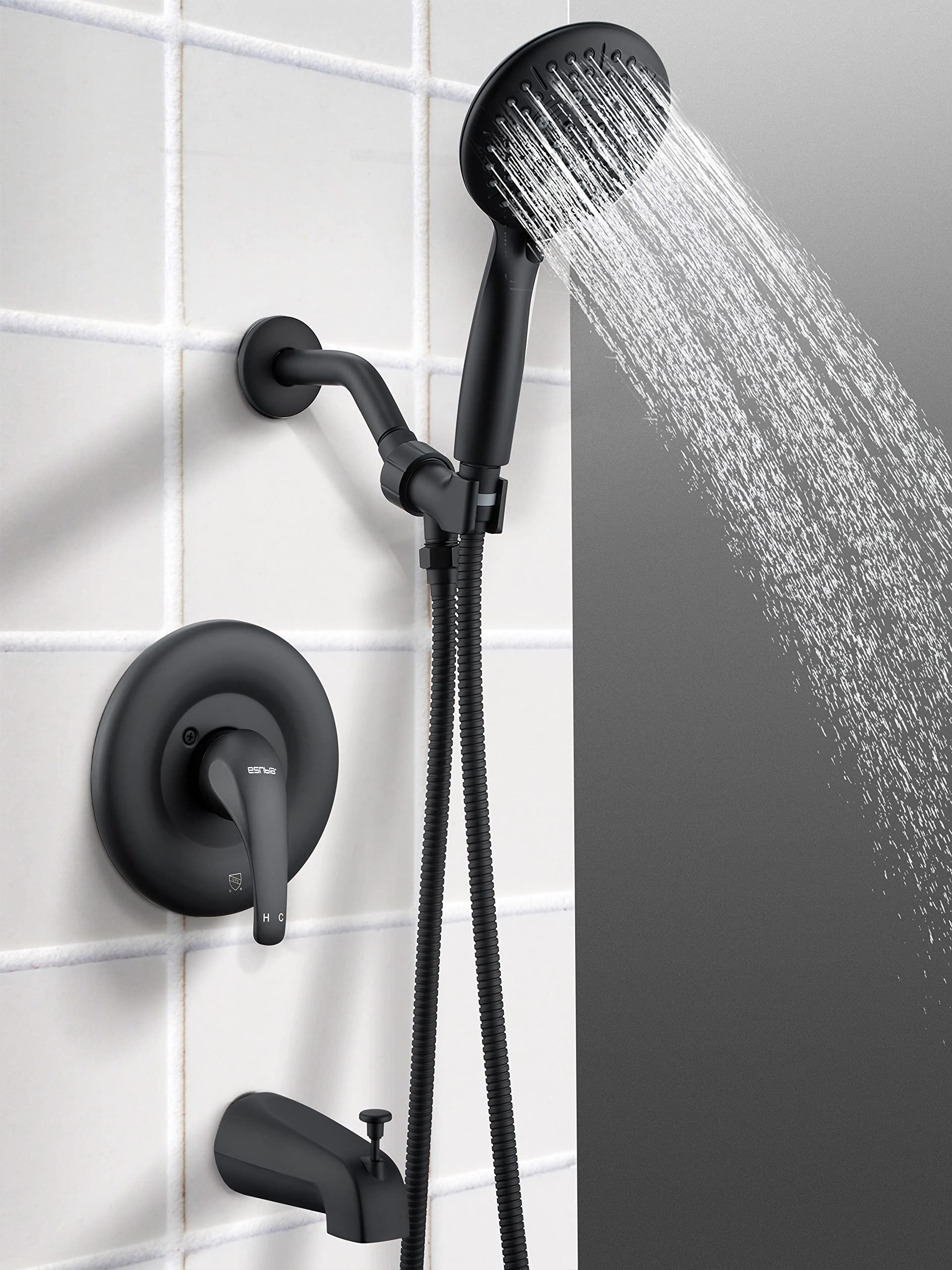 ESNBIA Shower Tub Kit, Tub and Shower Faucet Set（Valve Included) with 5-Setting Handheld Shower Head and Tub Spout, Single-Handle Tub and Shower Trim Kit, Matte Black