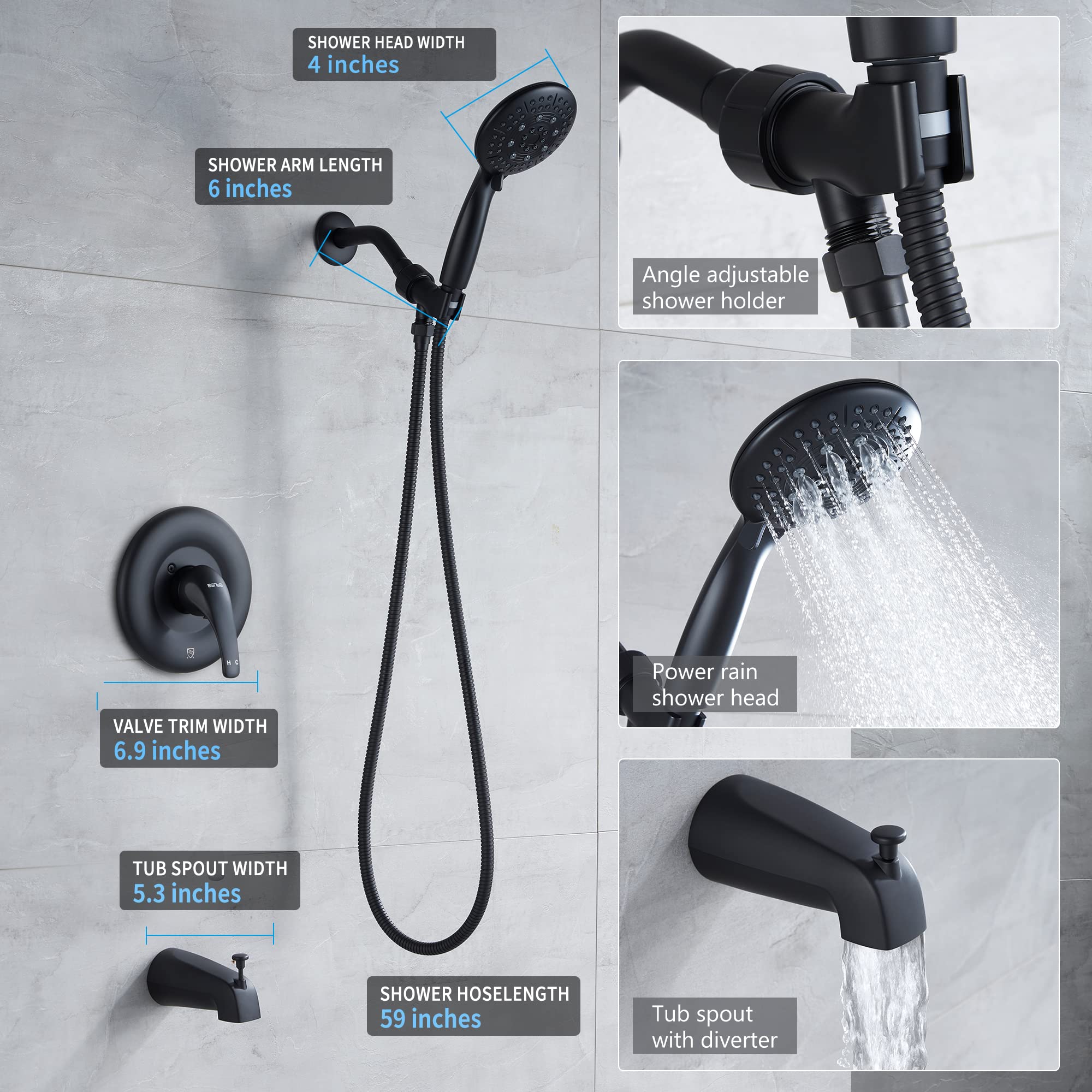 ESNBIA Shower Tub Kit, Tub and Shower Faucet Set（Valve Included) with 5-Setting Handheld Shower Head and Tub Spout, Single-Handle Tub and Shower Trim Kit, Matte Black