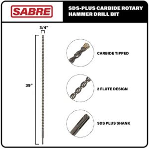 Sabre Tools 3/4 Inch x 39 Inch SDS Plus Rotary Hammer Drill Bit, Carbide Tipped for Brick, Stone, and Concrete (3/4" x 37" x 39")