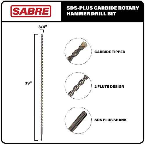 Sabre Tools 3/4 Inch x 39 Inch SDS Plus Rotary Hammer Drill Bit, Carbide Tipped for Brick, Stone, and Concrete (3/4" x 37" x 39")