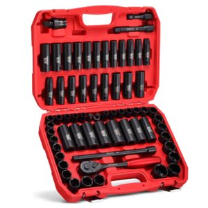 kboisha 1/2" master drive impact socket set,65-piece 6 point socket set standard sae and metric sizes cr-v steel sockets with adapters & ratchet handle