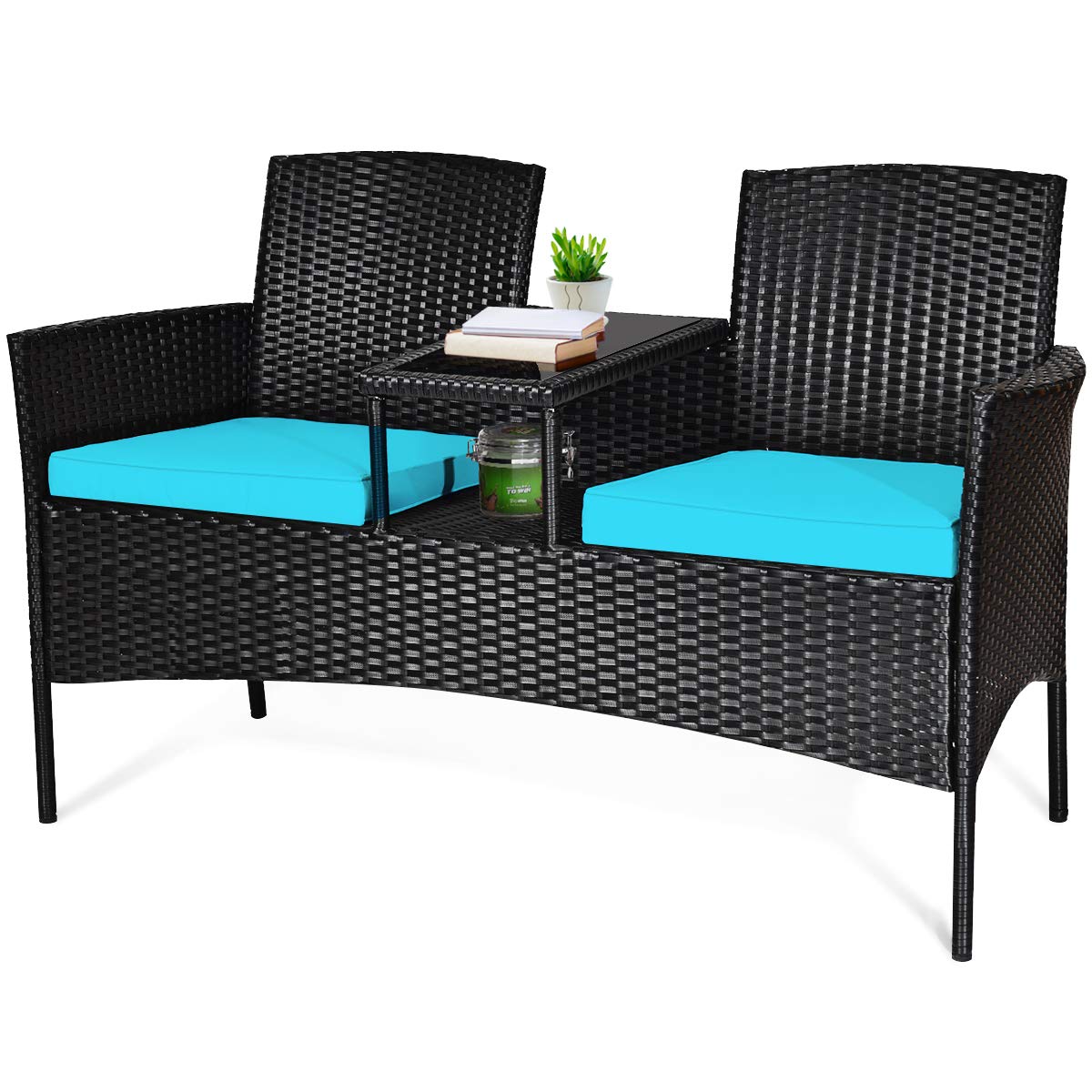 Tangkula Wicker Patio Conversation Furniture Set, Outdoor Furniture Set with Removable Cushions & Table, Tempered Glass Top, Modern Rattan Bench for Garden Lawn Backyard (Turquoise)