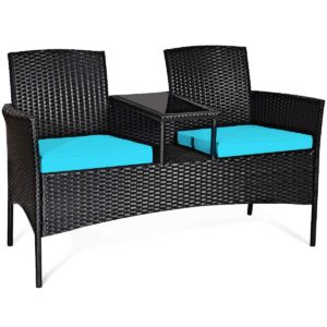 Tangkula Wicker Patio Conversation Furniture Set, Outdoor Furniture Set with Removable Cushions & Table, Tempered Glass Top, Modern Rattan Bench for Garden Lawn Backyard (Turquoise)