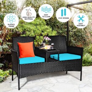 Tangkula Wicker Patio Conversation Furniture Set, Outdoor Furniture Set with Removable Cushions & Table, Tempered Glass Top, Modern Rattan Bench for Garden Lawn Backyard (Turquoise)