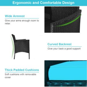 Tangkula Wicker Patio Conversation Furniture Set, Outdoor Furniture Set with Removable Cushions & Table, Tempered Glass Top, Modern Rattan Bench for Garden Lawn Backyard (Turquoise)