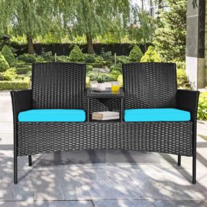 Tangkula Wicker Patio Conversation Furniture Set, Outdoor Furniture Set with Removable Cushions & Table, Tempered Glass Top, Modern Rattan Bench for Garden Lawn Backyard (Turquoise)