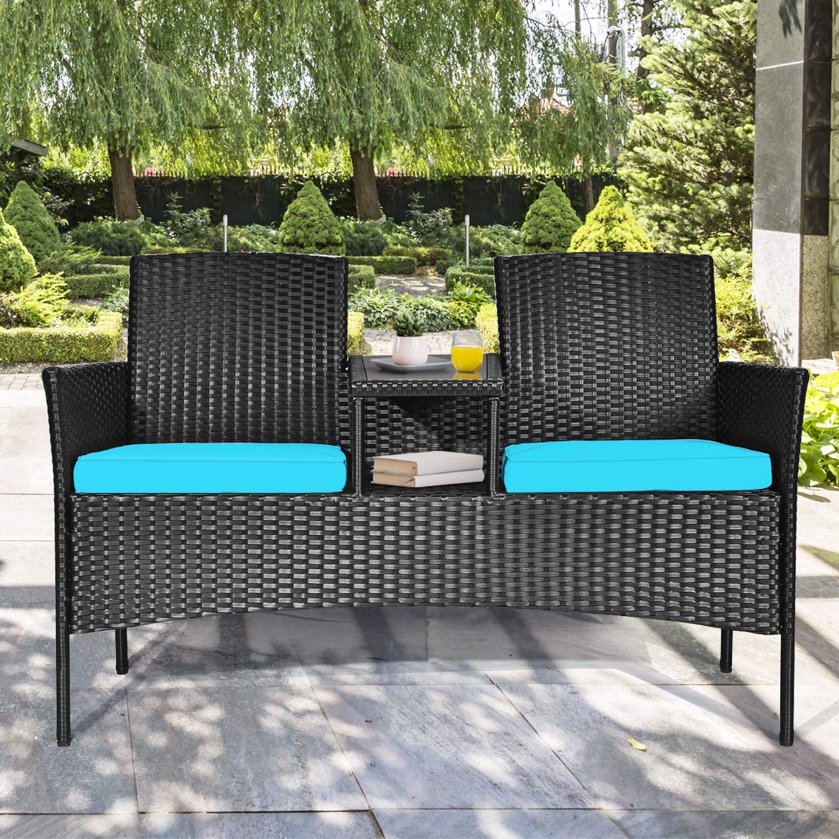 Tangkula Wicker Patio Conversation Furniture Set, Outdoor Furniture Set with Removable Cushions & Table, Tempered Glass Top, Modern Rattan Bench for Garden Lawn Backyard (Turquoise)