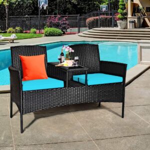 Tangkula Wicker Patio Conversation Furniture Set, Outdoor Furniture Set with Removable Cushions & Table, Tempered Glass Top, Modern Rattan Bench for Garden Lawn Backyard (Turquoise)