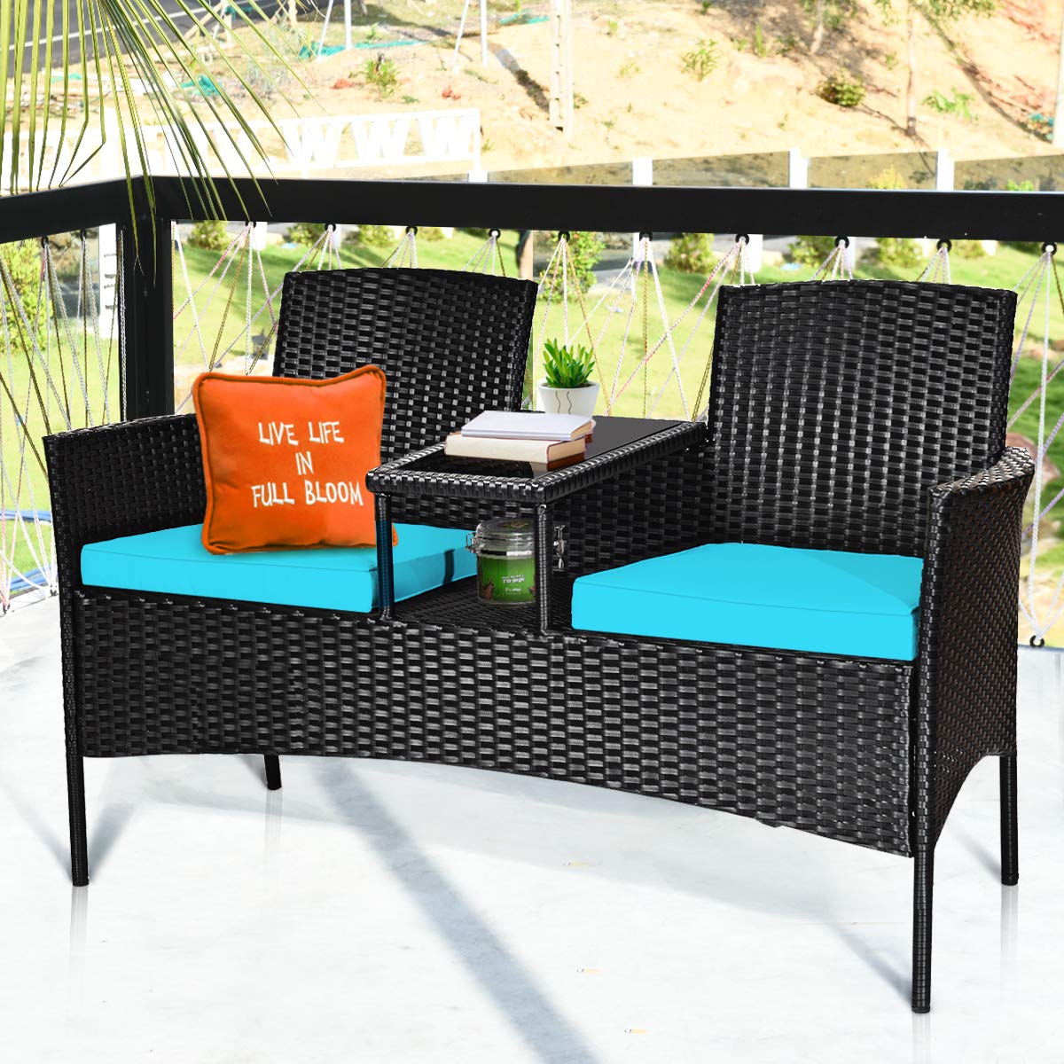 Tangkula Wicker Patio Conversation Furniture Set, Outdoor Furniture Set with Removable Cushions & Table, Tempered Glass Top, Modern Rattan Bench for Garden Lawn Backyard (Turquoise)