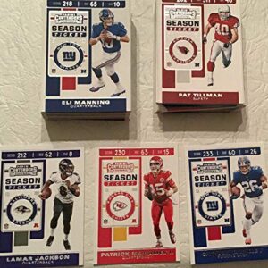 2019 Panini NFL Contenders Football Complete Season Ticket Set of 100 Cards (Veterans only, without rookies) including cards of Stars Patrick Mahomes III, Lamar Jackson (2nd Year Card) Josh Allen (2nd Year Card), George Kittle, Travis Kelce, Pat Tillman,