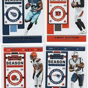 2019 Panini NFL Contenders Football Complete Season Ticket Set of 100 Cards (Veterans only, without rookies) including cards of Stars Patrick Mahomes III, Lamar Jackson (2nd Year Card) Josh Allen (2nd Year Card), George Kittle, Travis Kelce, Pat Tillman,